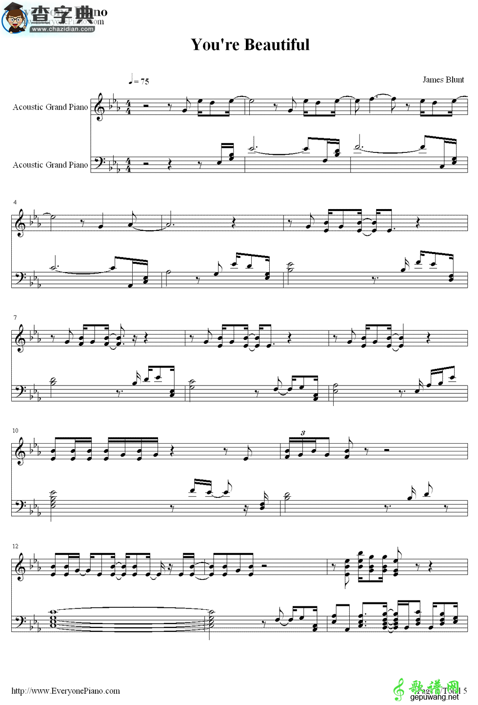 【Youre Beautiful】James Blunt_【Youre Beautiful】James Blunt简谱_【Youre Beautiful】James Blunt吉他谱_钢琴谱 ...