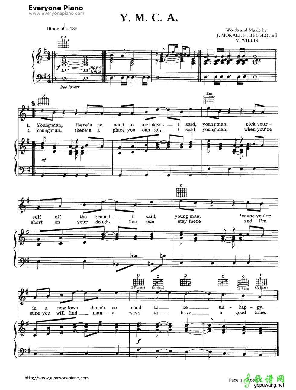 Y.M.C.A. _Y.M.C.A. 简谱_Y.M.C.A. 吉他谱_钢琴谱-查字典简谱网