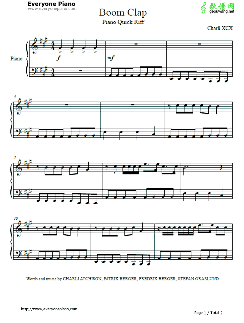 Boom Clap _Boom Clap 简谱_Boom Clap 吉他谱_钢琴谱-查字典简谱网